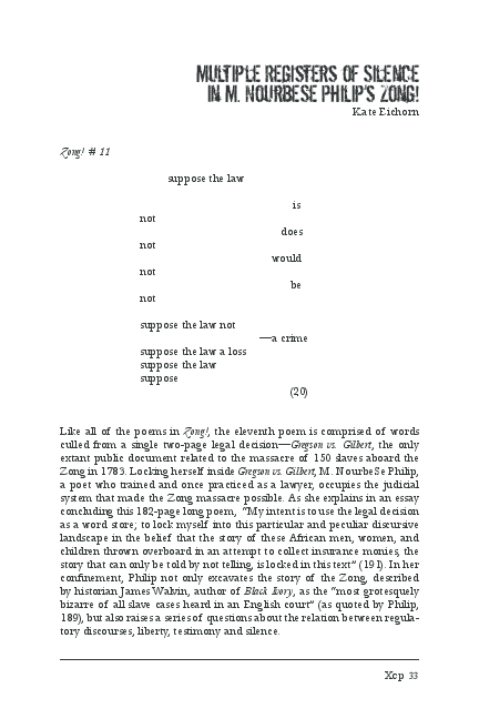 (PDF) Multiple Registers of Silence in M. NourbeSe Philip's Zong!