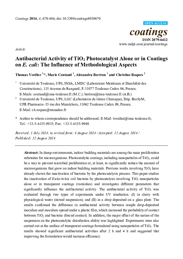 (PDF) Antibacterial Activity of TiO2 Photocatalyst Alone or in Coatings ...