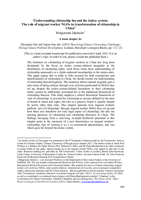 (PDF) Understanding Citizenship Beyond the Hukou System: the Role of ...