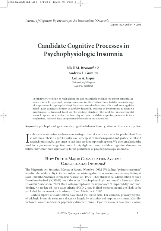 (PDF) Candidate Cognitive Processes in Psychophysiologic Insomnia