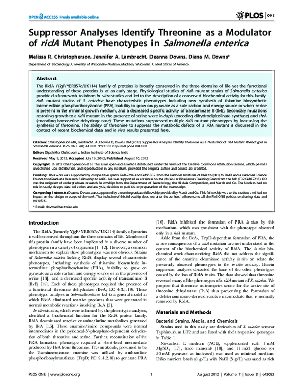 (PDF) Suppressor Analyses Identify Threonine as a Modulator of ridA ...