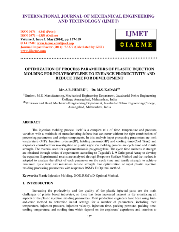 Pdf Optimization Of Process Parameters Of Plastic Injection Molding For Polypropylene To