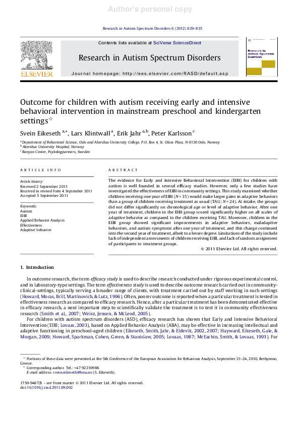 (PDF) Outcome for children with autism receiving early and intensive ...