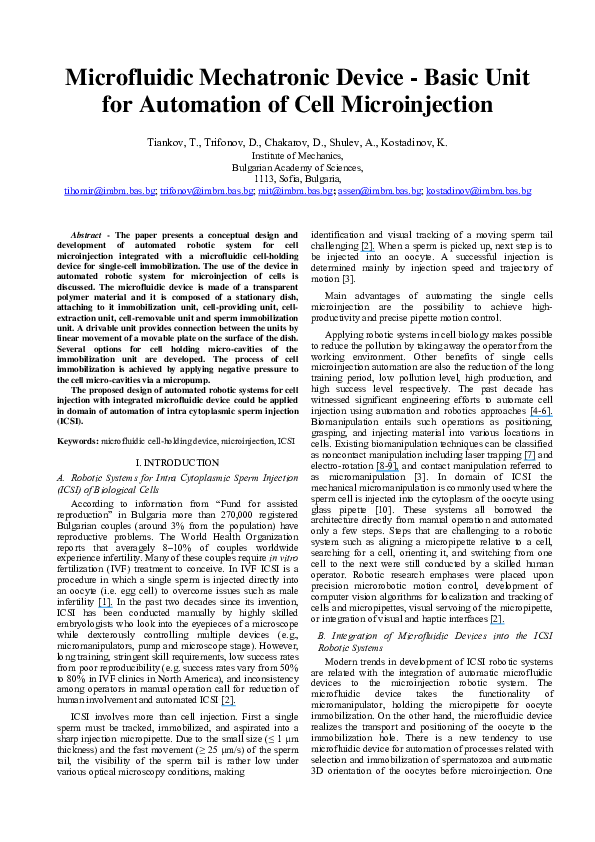 (PDF) “Microfluidic Mechatronic Device – Basic Unit for Automation of Cell Microinjection”