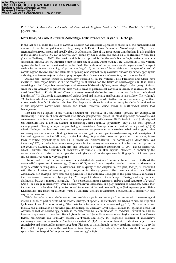 (PDF) Heinen, Sandra. Review of "Current Trends in Narratology"