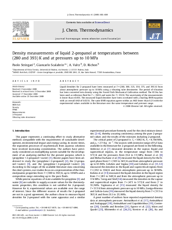 (PDF) Density measurements of liquid 2-propanol at temperatures between (280 and 393)K and at ...