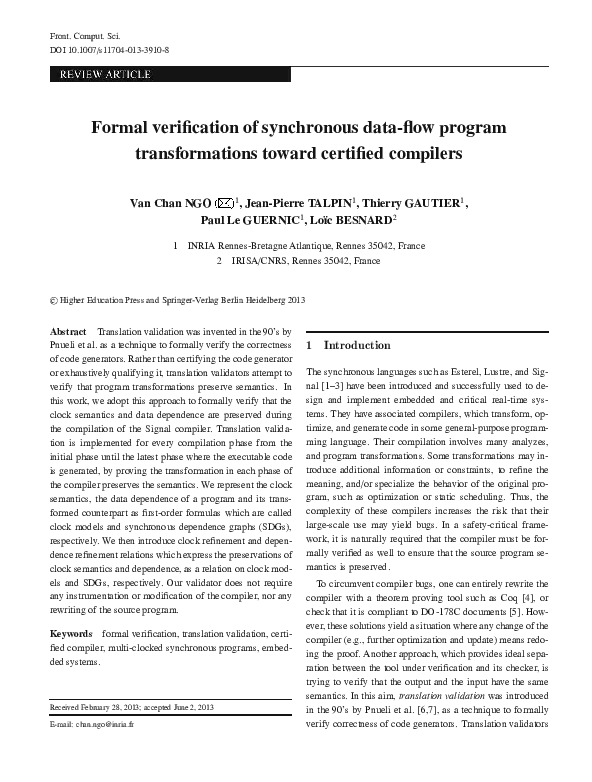 (PDF) Formal verification of synchronous data-flow program transformations toward certified ...
