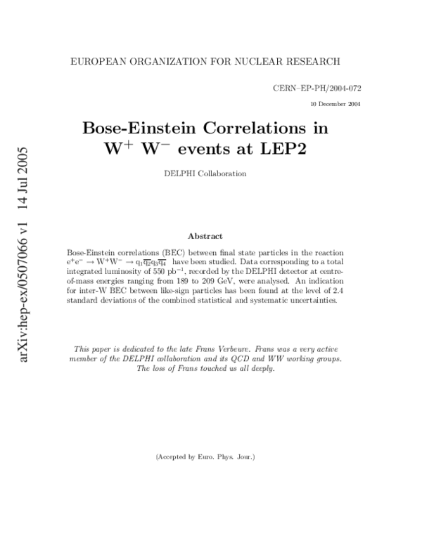 Pdf Bose Einstein Correlations In W W Events At Lep2