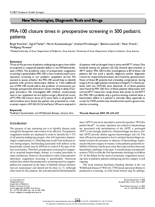 (PDF) PFA-100 closure times in preoperative screening in 500 pediatric ...