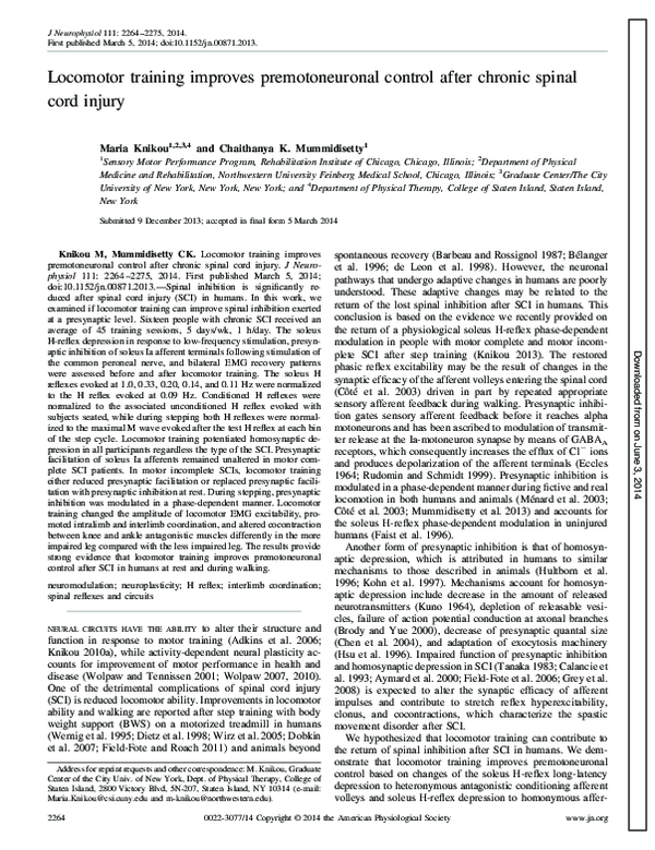 (PDF) Locomotor Training Improves Premotoneuronal Control after Chronic ...