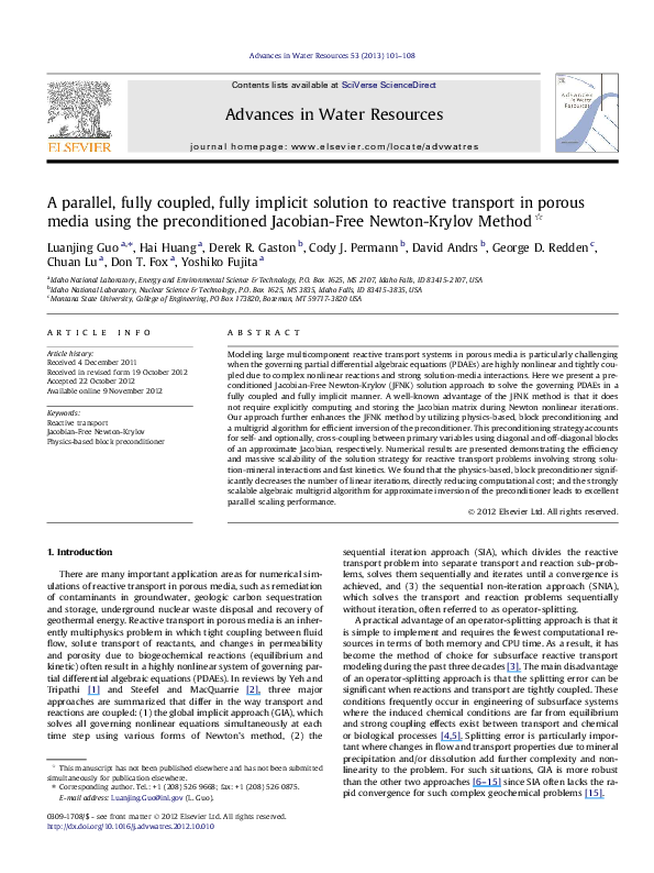 (PDF) A parallel, fully coupled, fully implicit solution to reactive transport in porous media ...