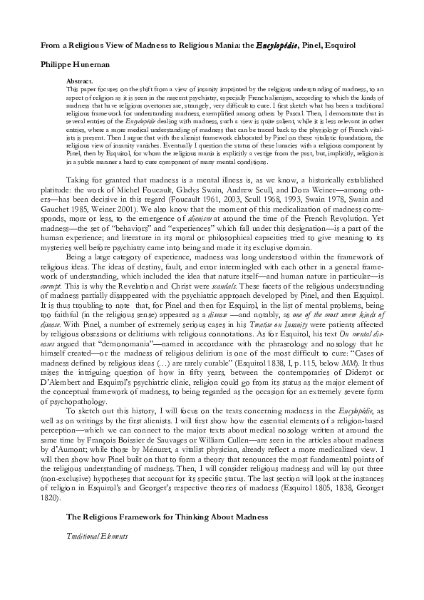 From a Religious View of Madness to Religious Mania: l’Encylopédie ...