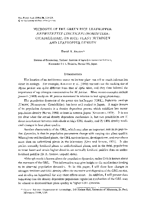 (PDF) Microsite of the green rice leafhopper,Nephotettix cincticeps ...