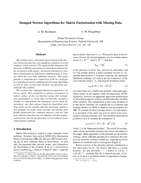 (PDF) Damped Newton algorithms for matrix factorization with missing data