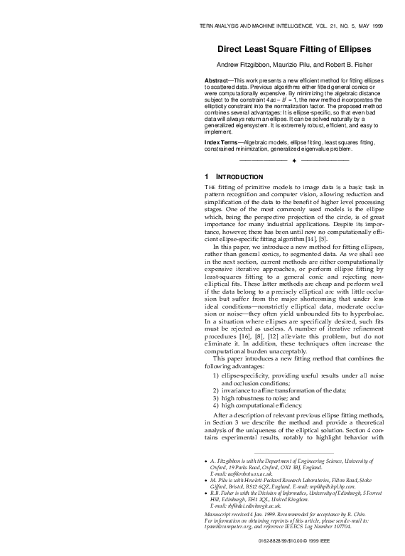 Pdf Direct Least Square Fitting Of Ellipses