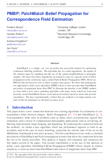 Pdf Pmbp Patchmatch Belief Propagation For Correspondence Field