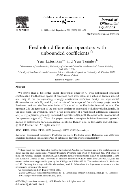 (PDF) Fredholm differential operators with unbounded coefficients | Yuri Latushkin - Academia.edu