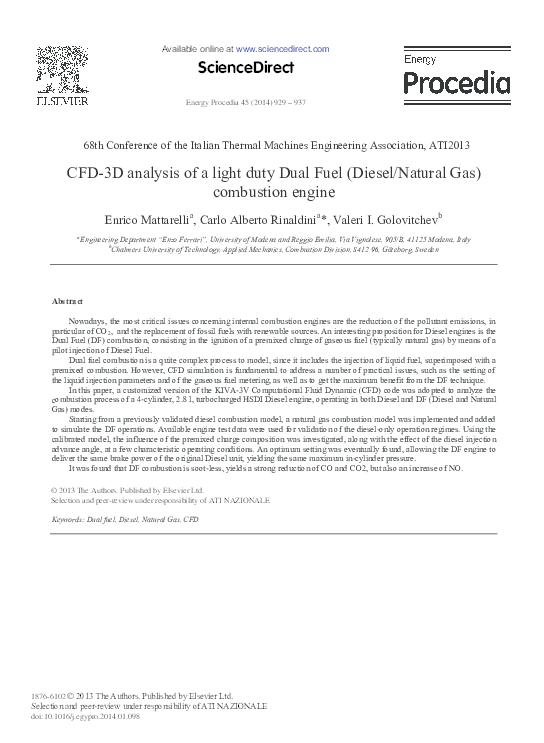 (PDF) CFD-3D Analysis of a Light Duty Dual Fuel (Diesel/Natural Gas) Combustion Engine | Enrico ...
