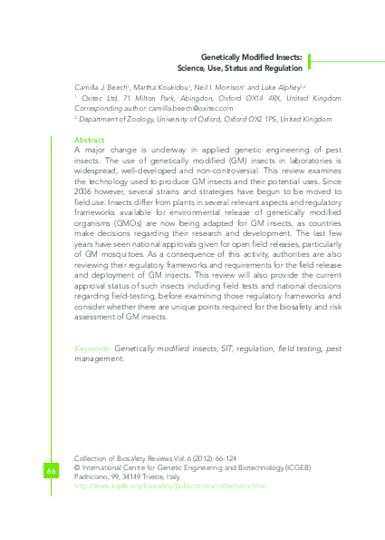 (PDF) Genetically Modified Insects: Science, Use, Status and Regulation