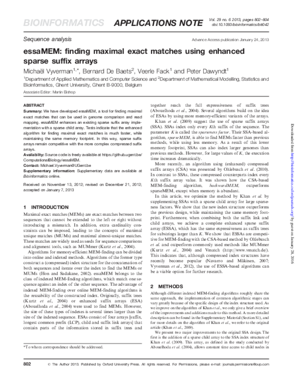 (PDF) essaMEM: finding maximal exact matches using enhanced sparse suffix arrays | Veerle Fack ...