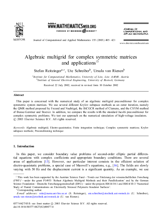 (PDF) Algebraic multigrid for complex symmetric matrices and applications
