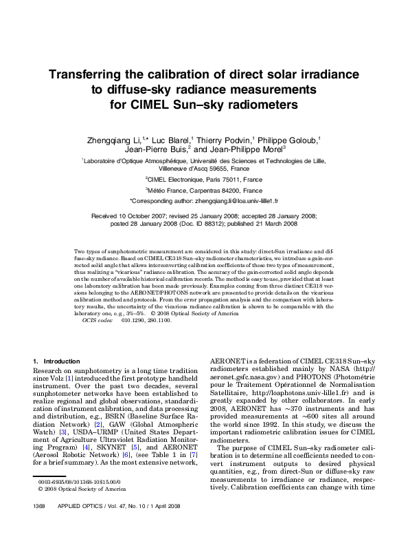 (PDF) Transferring the calibration of direct solar irradiance to ...