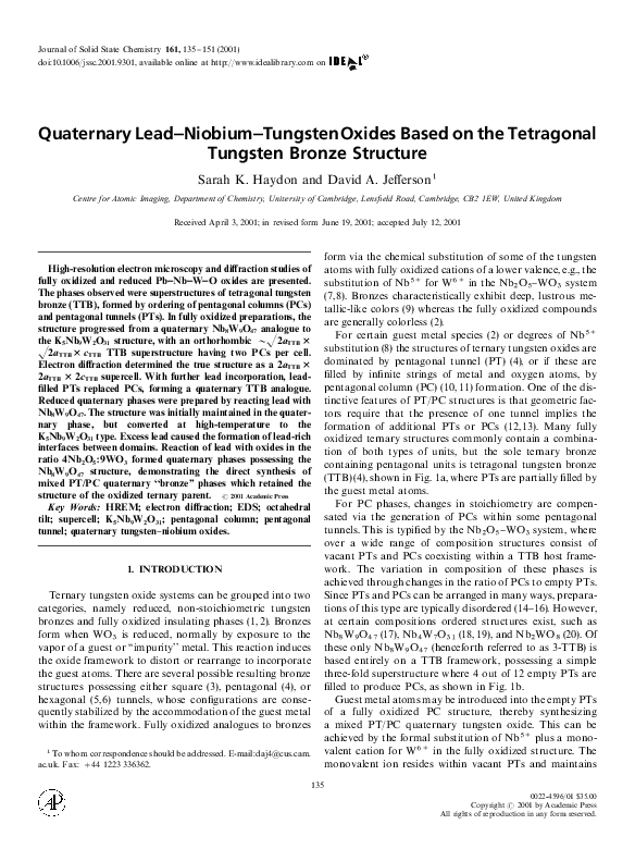 (PDF) Quaternary Lead–Niobium–Tungsten Oxides Based on the Tetragonal ...