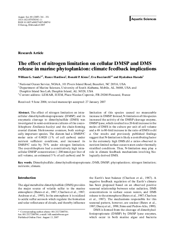 (PDF) The effect of nitrogen limitation on cellular DMSP and DMS ...