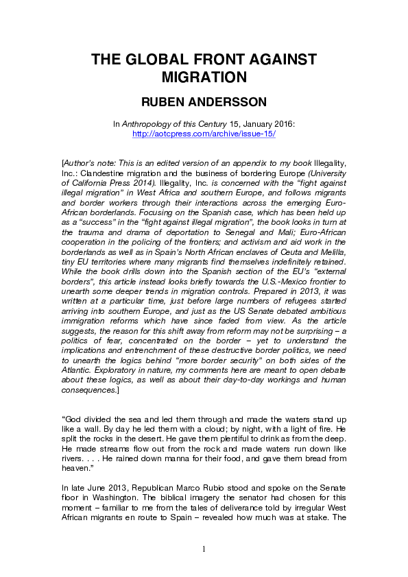 (PDF) The global front against migration | Ruben Andersson - Academia.edu