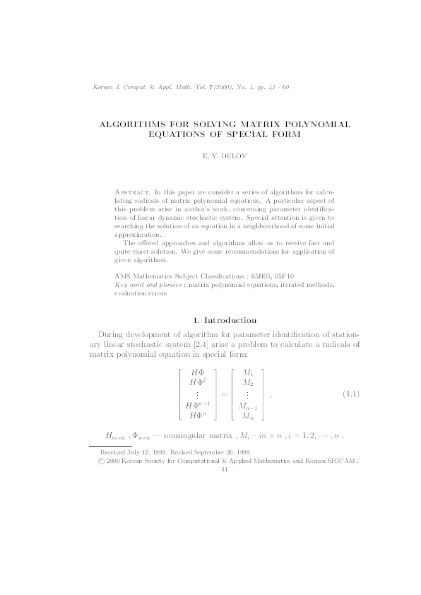 Pdf Algorithms For Solving Matrix Polynomial Equations Of Special Form