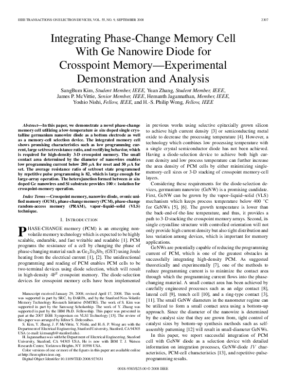 (PDF) Integrating Phase-Change Memory Cell With Ge Nanowire Diode for Crosspoint Memory ...