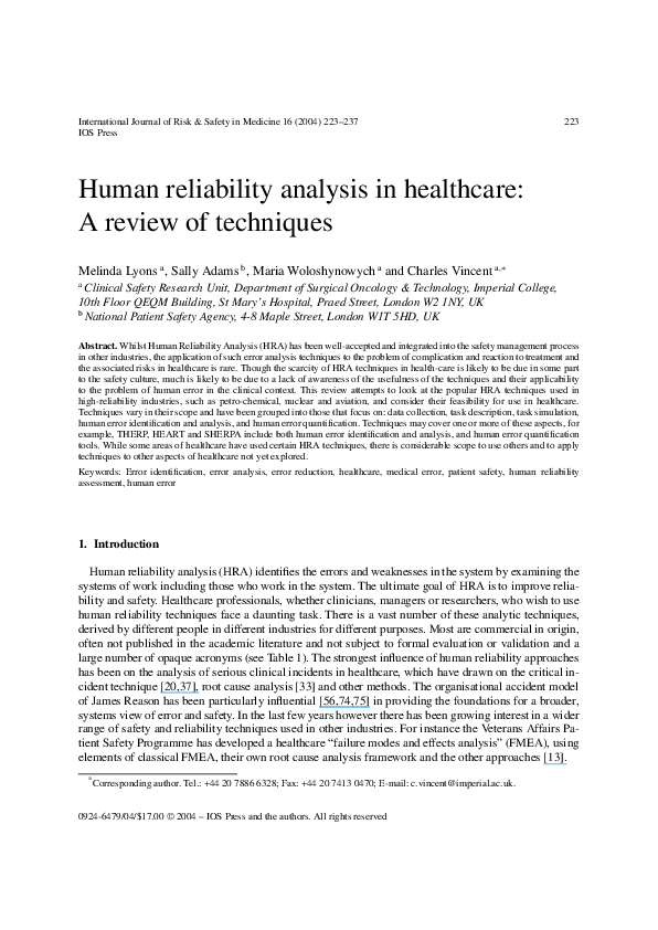 (PDF) Human reliability analysis in healthcare: A review of techniques