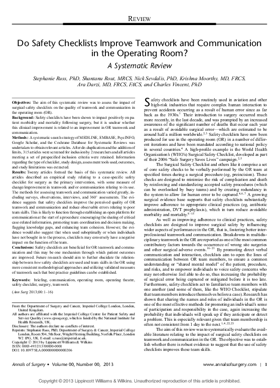 (PDF) Do Safety Checklists Improve Teamwork and Communication in the ...