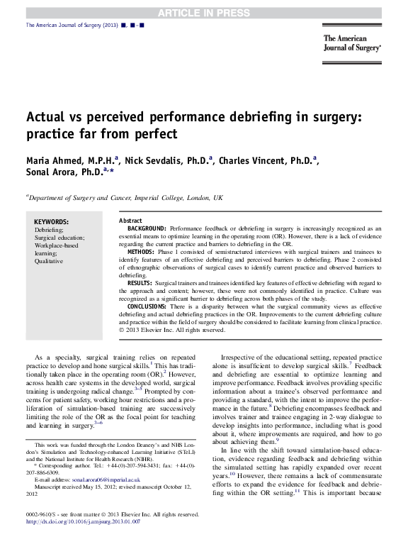(PDF) Actual vs perceived performance debriefing in surgery: practice ...