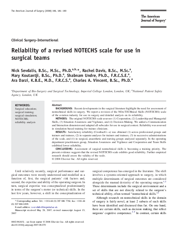 (PDF) Reliability of a revised NOTECHS scale for use in surgical teams