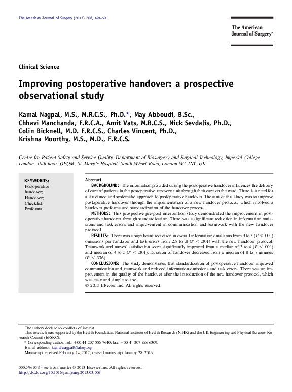 (PDF) Improving postoperative handover: a prospective observational study