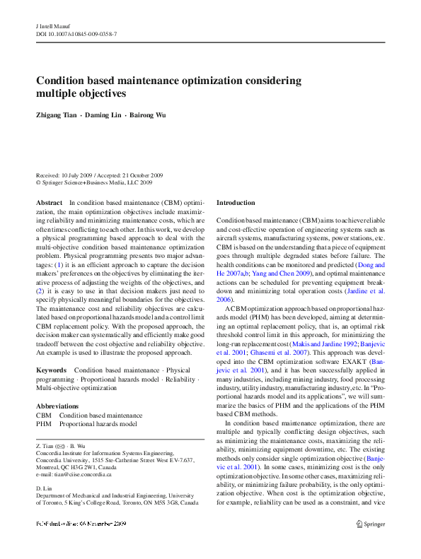 (PDF) Condition based maintenance optimization considering multiple objectives