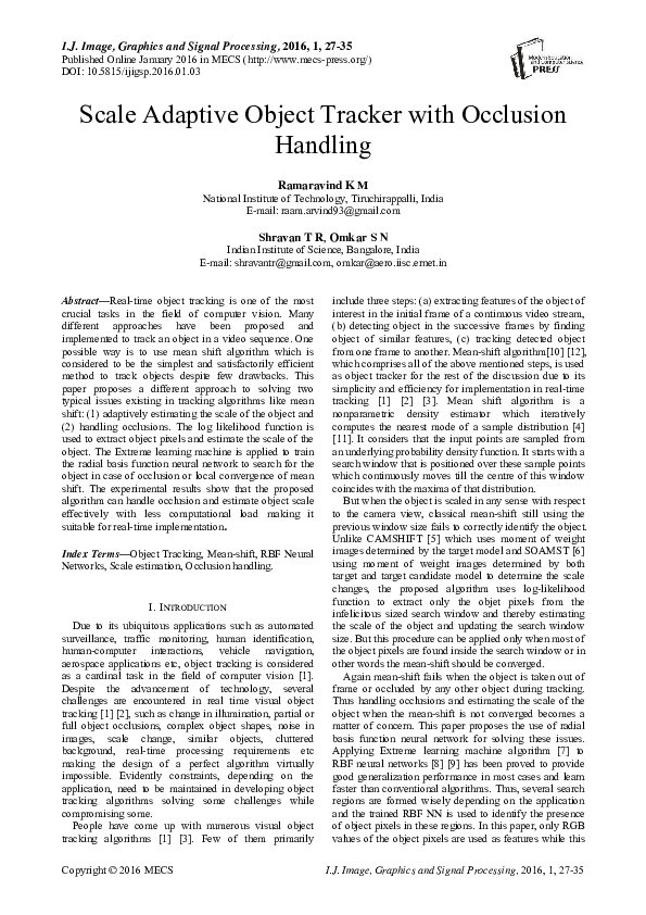 (PDF) Scale Adaptive Object Tracker with Occlusion Handling