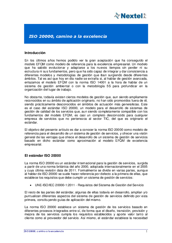 (PDF) ISO 20000, camino a la excelencia