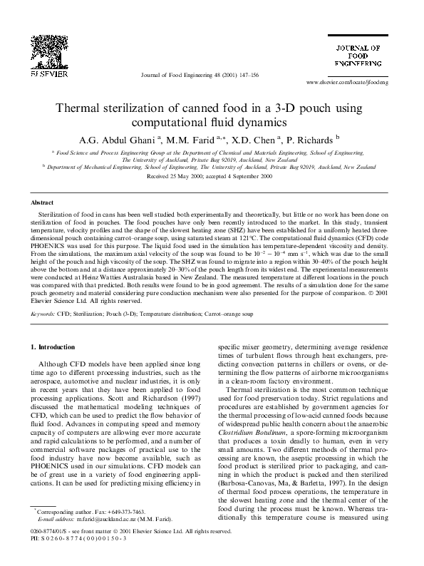 (PDF) Thermal sterilization of canned food in a 3-D pouch using computational ¯uid dynamics