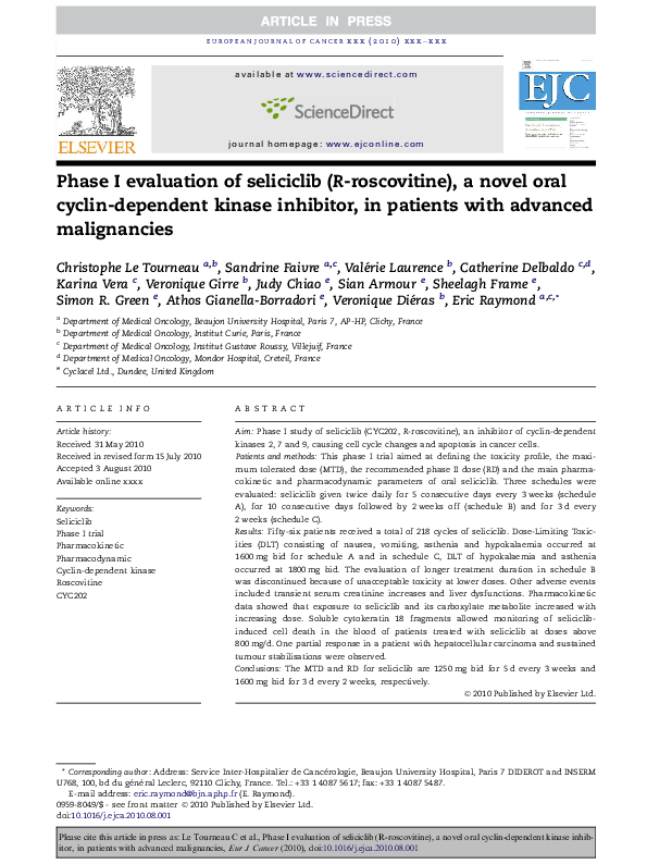 (PDF) Phase I evaluation of seliciclib (R-roscovitine), a novel oral ...