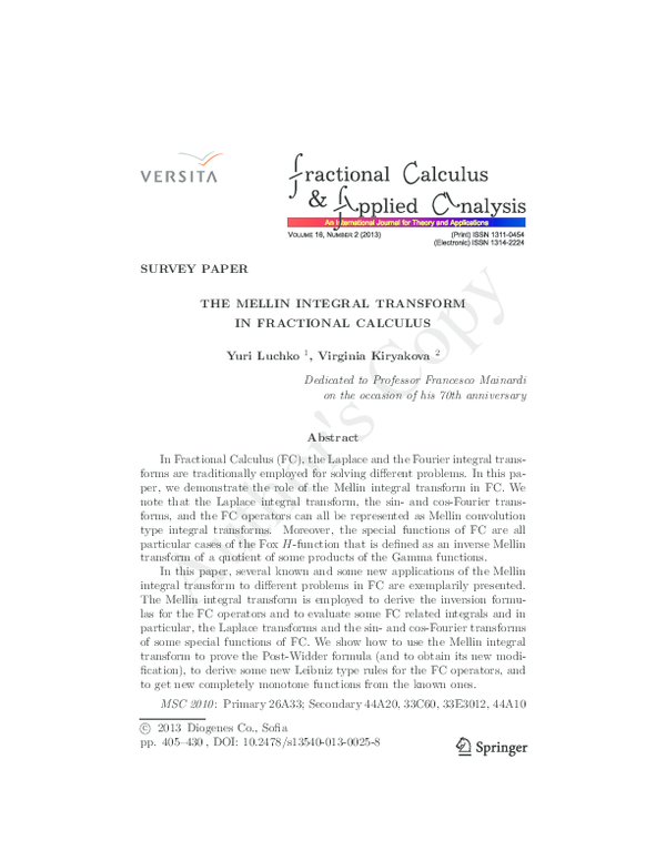 Pdf The Mellin Integral Transform In Fractional Calculus