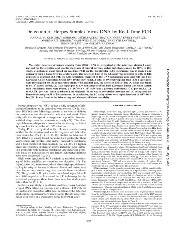 Pdf Detection Of Herpes Simplex Virus Dna By Real Time Pcr