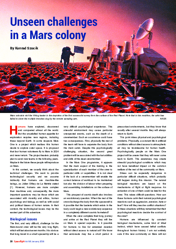 Unseen challenges in a Mars colony, Spaceflight, January 2016, Vol 58 ...