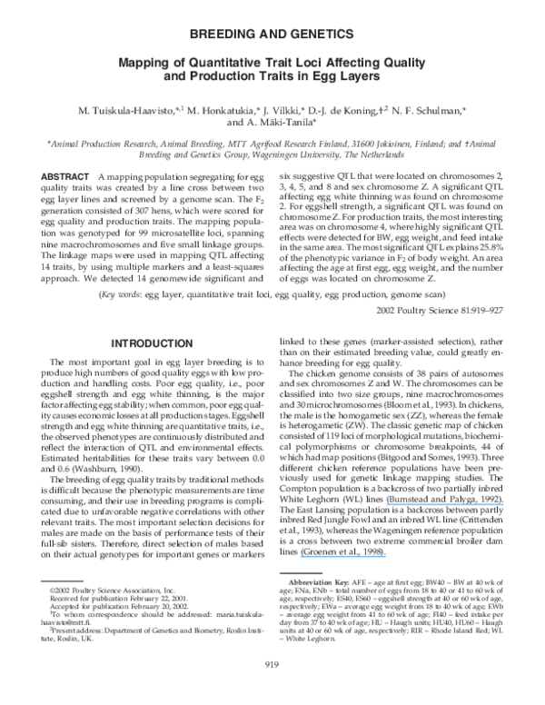 Pdf Mapping Of Quantitative Trait Loci Affecting Quality And Production Traits In Egg Layers