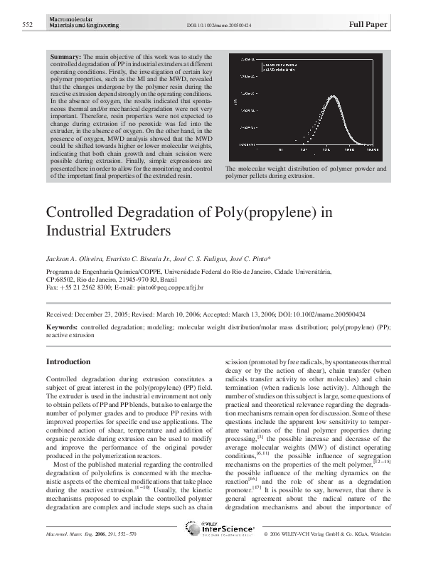(PDF) Controlled Degradation of Poly(propylene) in Industrial Extruders