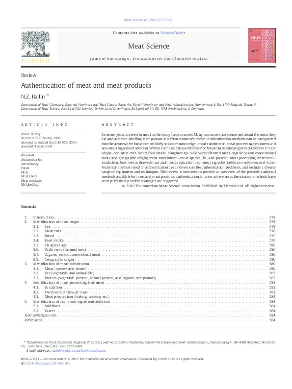 (PDF) Authentication of meat and meat products