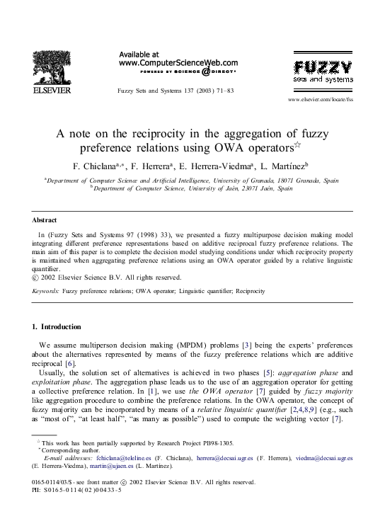 (PDF) Preserving Reciprocity in the Aggregation of Fuzzy Preference Relations Using OWA Operators