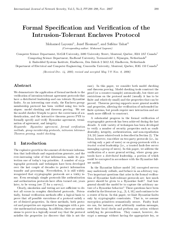 (PDF) Formal Specification and Verification of the Intrusion-Tolerant Enclaves Protocol