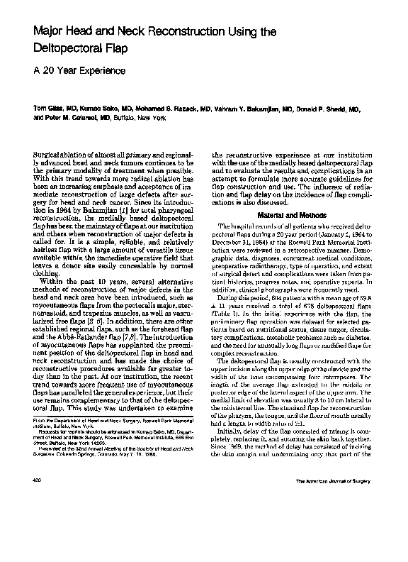 (PDF) Major head and neck reconstruction using the deltopectoral flap